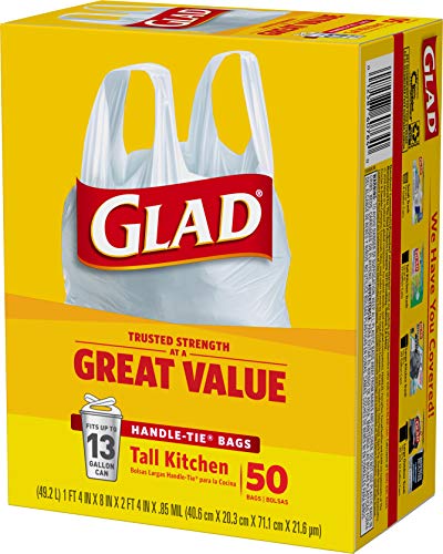 Glad® Tall Kitchen Handle-Tie® Trash Bags - 13 Gallon White Trash Bag - 50 Count (Package May Vary)