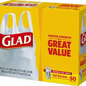 Glad® Tall Kitchen Handle-Tie® Trash Bags - 13 Gallon White Trash Bag - 50 Count (Package May Vary)