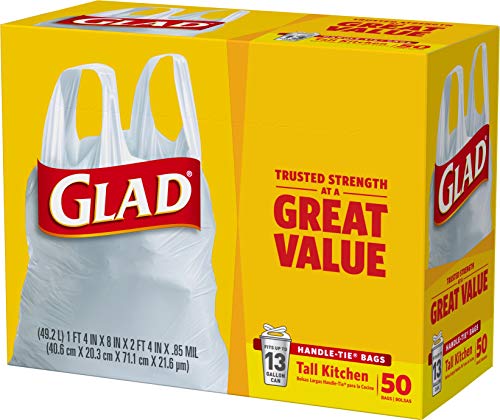 Glad® Tall Kitchen Handle-Tie® Trash Bags - 13 Gallon White Trash Bag - 50 Count (Package May Vary)