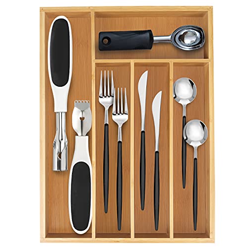 Bamboo Kitchen Drawer Organizer,Silverware Utensil Cutlery Tray, Drawer Divider with 5 Compartments,13.5" x 10" x 2.4"