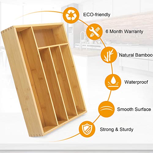 Bamboo Kitchen Drawer Organizer,Silverware Utensil Cutlery Tray, Drawer Divider with 5 Compartments,13.5" x 10" x 2.4"