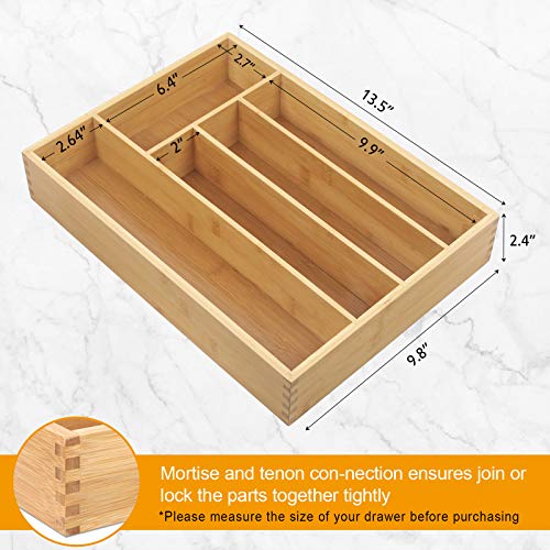 Bamboo Kitchen Drawer Organizer,Silverware Utensil Cutlery Tray, Drawer Divider with 5 Compartments,13.5" x 10" x 2.4"