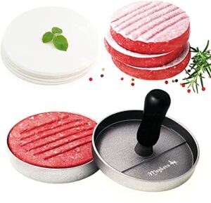 meykers burger press 100 patty papers set | non-stick hamburger press patty maker mold with free wax patty paper sheets | meat beef cheese veggie burger maker for grill griddle bbq barbecue | bpa free