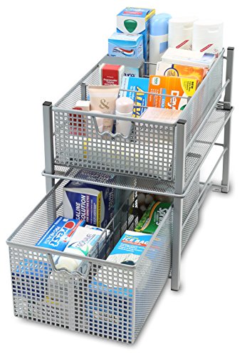 DecoBros Mesh Cabinet Basket Organizer with Split Card, Silver (Large - 10 x 15.8 x 7.5)