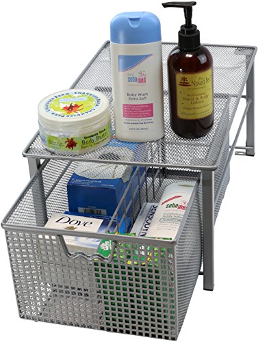 DecoBros Mesh Cabinet Basket Organizer with Split Card, Silver (Large - 10 x 15.8 x 7.5)