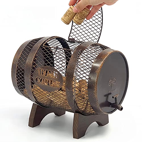 Rustic Metal Large Barrel Wine Cork Holder Display On Wooden Stand, Wine Lover Gift, Housewarming Gift, Home Bar Decor, Wine Gift, Engagement Gift, Kitchen Decor