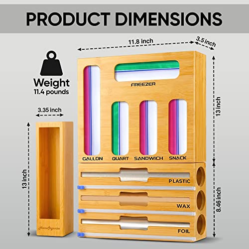 HomeOrganize Ziplock Bag Storage & Wrap Dispenser with Cutter,Clips Box & Labels for Kitchen Drawer & Wall,9 in 1 Bamboo Organizer for Gallon, Quart, Snack Bags & Plastic, Aluminum Foil, Wax 12" Roll.