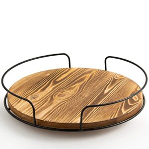 12 inch wood lazy susan turntable for table, kitchen rustic turntable organizer with steel frame, 360 degree decorative turntable for countertop cabinet or centerpieces