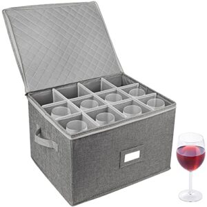 LotFancy Stemware Storage Container, Hard Shell, Stackable Wine Glass Storage Box with Dividers & Handles, Crystal Glassware, Champagne Flute, Drinkware Case for Moving, Grey