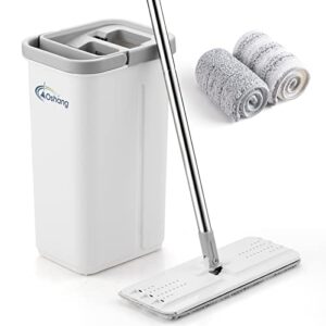 oshang flat floor mop and bucket set og3, hands free home floor cleaning system, 60″ long stainless-steel handle, 2 washable & reusable microfiber mop heads, perfect home wall window kitchen cleaner