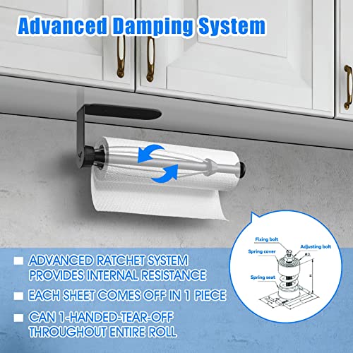 Paper Towel Holder, Single Hand Operable Under Cabinet Paper Towel Holder Wall Mount with Damping Effect for Kitchen, Counter, Cabinet, Bathroom