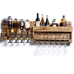 homde wine rack wall mounted wood wine shelf with bottle stemware glass holder rustic wine display storage rack with 4-bottle liquor dispenser for home bar kitchen decor