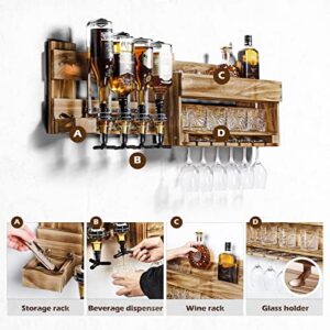 Homde Wine Rack Wall Mounted Wood Wine Shelf with Bottle Stemware Glass Holder Rustic Wine Display Storage Rack with 4-Bottle Liquor Dispenser for Home Bar Kitchen Decor