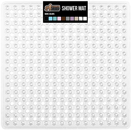 Gorilla Grip Patented Shower Stall Mat, 21x21, Machine Washable, Square Bathroom Bath Tub Mats for Stand up Showers and Small Bathtubs, Drain Holes Keep Floor Clean, Suction Cups, Soft on Feet, Clear