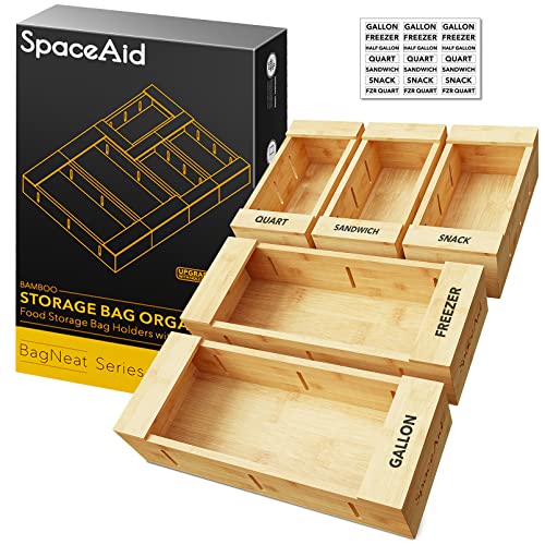 SpaceAid Bag Storage Organizer for Kitchen Drawer, Bamboo Organizer, Compatible with Gallon, Quart, Sandwich and Snack Variety Size Bag (5 Pack Set)