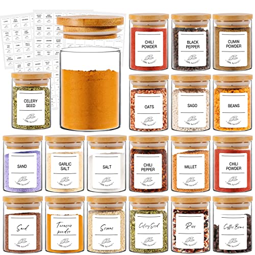 20 Pack 3 oz Glass Jars with Bamboo Lids, Empty Spice Jars with Wood Airtight Lids, Food Storage Canisters Containers for Home Kitchen, Sugar, Candies,Coffee Beans, Herbs, Grains. Include 120 Labels.