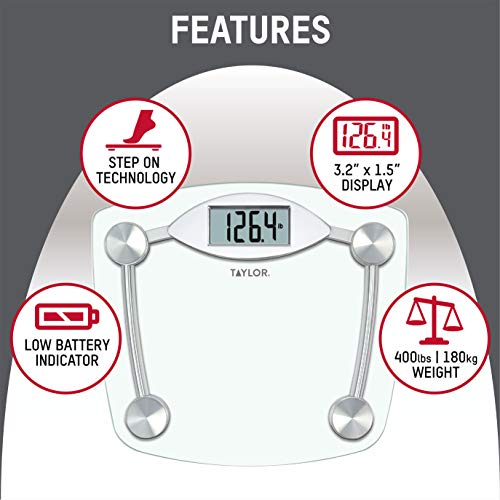 Taylor Precision Products Digital Bathroom Scale, Highly Accurate Body Weight Scale, Instant On and Off, 400 lb, Sturdy Clear Glass with Chrome Finish Base