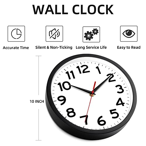 AKCISOT Wall Clock 10 Inch Silent Non-Ticking Modern Wall Clocks Battery Operated - Analog Small Classic Clock for Office, Home, Bathroom, Kitchen, Bedroom, School, Living Room(Black)