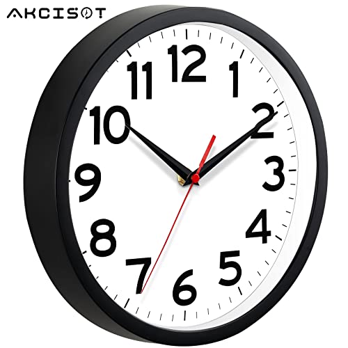 AKCISOT Wall Clock 10 Inch Silent Non-Ticking Modern Wall Clocks Battery Operated - Analog Small Classic Clock for Office, Home, Bathroom, Kitchen, Bedroom, School, Living Room(Black)