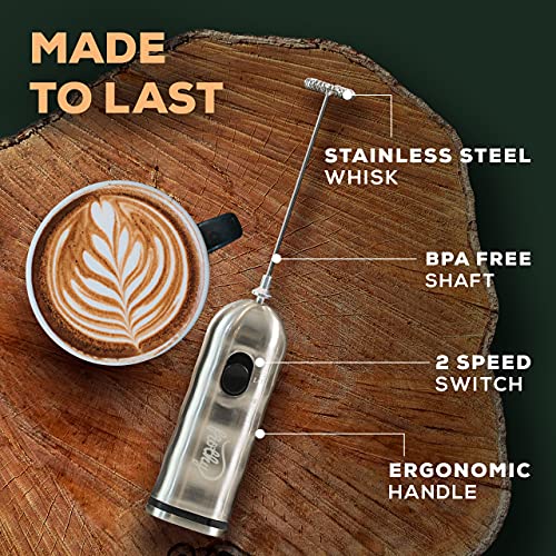 Café Casa Milk Frother for Coffee - 2 Speed Handheld, Battery Operated, Stainless Steel Drink Mixer & Mini Foam Maker - Electric Whisk for Coffee, Lattes, Hot Chocolate, and Shakes