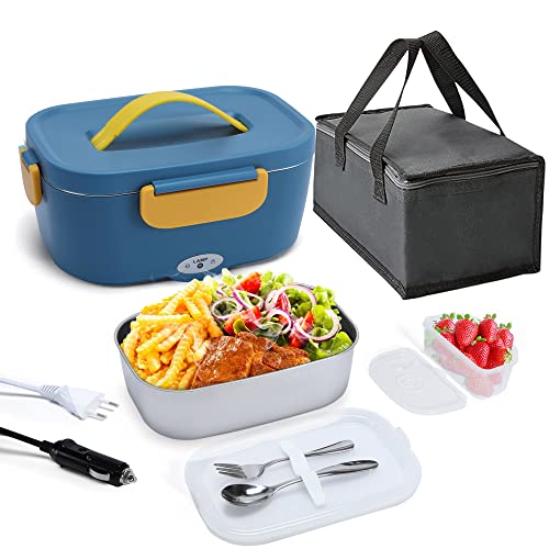 HOLDRUBY 75W Electric Lunch Box food heated 3 In 1 Portable Food Warmer Heater for Car/Truck/Home Heating Lunch Box with 1.5L 304 SS Container, Fork Spoon & Bag (Light Blue+Yellow)