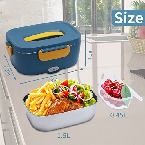 HOLDRUBY 75W Electric Lunch Box food heated 3 In 1 Portable Food Warmer Heater for Car/Truck/Home Heating Lunch Box with 1.5L 304 SS Container, Fork Spoon & Bag (Light Blue+Yellow)