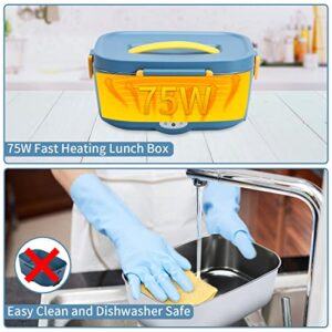 HOLDRUBY 75W Electric Lunch Box food heated 3 In 1 Portable Food Warmer Heater for Car/Truck/Home Heating Lunch Box with 1.5L 304 SS Container, Fork Spoon & Bag (Light Blue+Yellow)