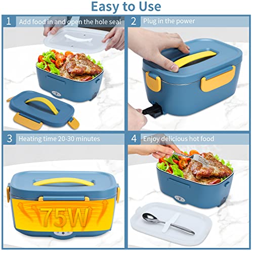 HOLDRUBY 75W Electric Lunch Box food heated 3 In 1 Portable Food Warmer Heater for Car/Truck/Home Heating Lunch Box with 1.5L 304 SS Container, Fork Spoon & Bag (Light Blue+Yellow)