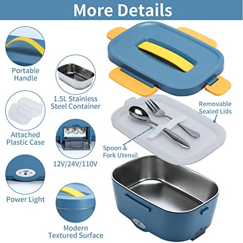 HOLDRUBY 75W Electric Lunch Box food heated 3 In 1 Portable Food Warmer Heater for Car/Truck/Home Heating Lunch Box with 1.5L 304 SS Container, Fork Spoon & Bag (Light Blue+Yellow)