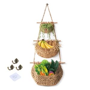 hanging fruit basket, handmade 3-tier jute woven wall basket, boho kitchen wall decor for organizing, storage basket for kitchen living & bathroom bedroom