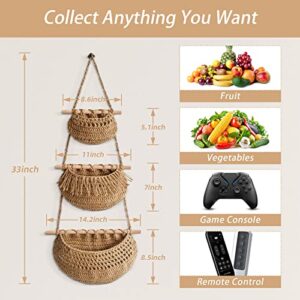 Hanging Fruit Basket, Handmade 3-Tier Jute Woven Wall Basket, BOHO Kitchen Wall Decor for Organizing, Storage Basket for Kitchen Living & Bathroom Bedroom