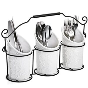 nicunom set of 3 ceramic flatware caddy with metal rack, embossed design kitchen utensil holder silverware organizer cutlery holder kitchen tool crock for countertop decor and organization