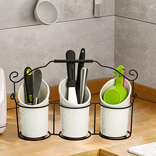 Nicunom Set of 3 Ceramic Flatware Caddy with Metal Rack, Embossed Design Kitchen Utensil Holder Silverware Organizer Cutlery Holder Kitchen Tool Crock for Countertop Decor and Organization