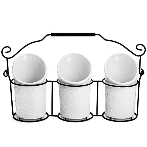 Nicunom Set of 3 Ceramic Flatware Caddy with Metal Rack, Embossed Design Kitchen Utensil Holder Silverware Organizer Cutlery Holder Kitchen Tool Crock for Countertop Decor and Organization