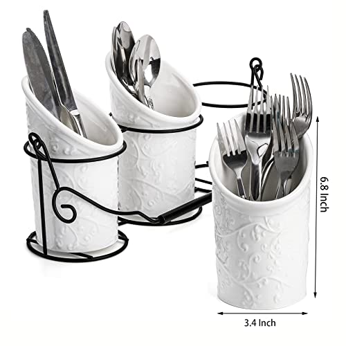 Nicunom Set of 3 Ceramic Flatware Caddy with Metal Rack, Embossed Design Kitchen Utensil Holder Silverware Organizer Cutlery Holder Kitchen Tool Crock for Countertop Decor and Organization