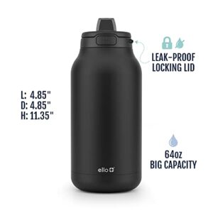 Ello Hydra Half Gallon Vacuum Insulated Stainless Steel Jug with Locking, Leak-Proof Lid and Soft Silicone Straw, Metal Reusable Water Bottle, Keeps Cold All Day, 64oz, Black