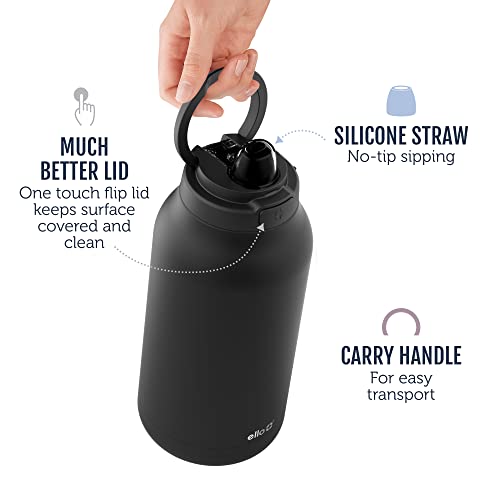 Ello Hydra Half Gallon Vacuum Insulated Stainless Steel Jug with Locking, Leak-Proof Lid and Soft Silicone Straw, Metal Reusable Water Bottle, Keeps Cold All Day, 64oz, Black