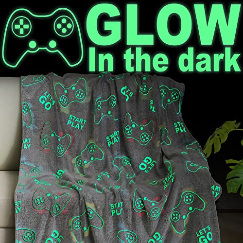 Jekeno Glow in The Dark Blanket Game Controller Throw Gamer Gift Toys for Kids Boys Teen Adults Gaming Decor for Bedroom Living Room Soft Cozy Fluffy Luminous Blanket Grey 50"x60"