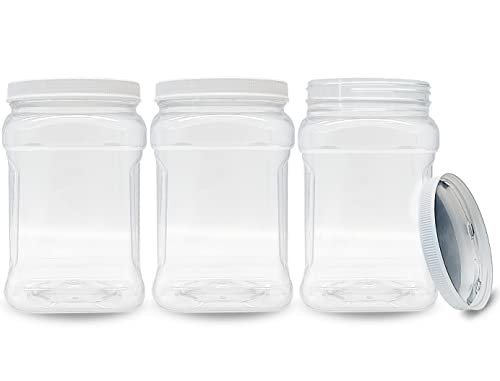 ljdeals 64 oz 1/2 Gallon Clear Empty Storage Containers with Lids, Square Plastic Canisters, Large Jars with Lids, BPA Free Plastic Jar, Wide Mouth Jar with Easy Grip Handles, Pack of 3, Made in USA