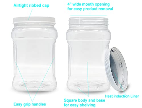 ljdeals 64 oz 1/2 Gallon Clear Empty Storage Containers with Lids, Square Plastic Canisters, Large Jars with Lids, BPA Free Plastic Jar, Wide Mouth Jar with Easy Grip Handles, Pack of 3, Made in USA