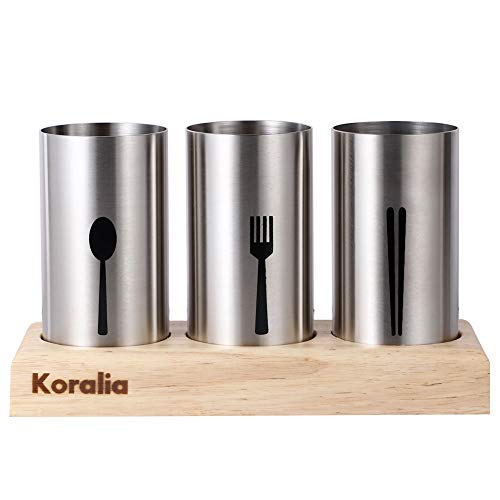 Koralia Home Stainless Steel Flatware & Silverware 3PC 4PC Organizer Organiser Cutlery Holder with Wood Base for Spoons, Forks, Knives – Ideal for Kitchen, Dining, and Much More (3PCS)