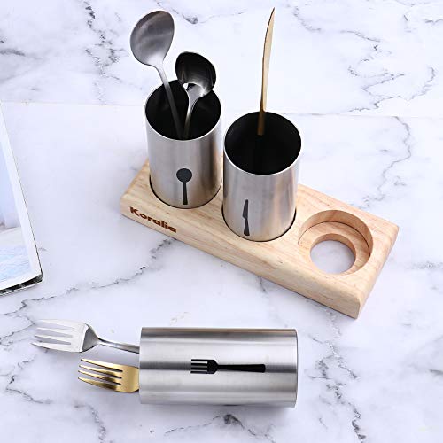 Koralia Home Stainless Steel Flatware & Silverware 3PC 4PC Organizer Organiser Cutlery Holder with Wood Base for Spoons, Forks, Knives – Ideal for Kitchen, Dining, and Much More (3PCS)