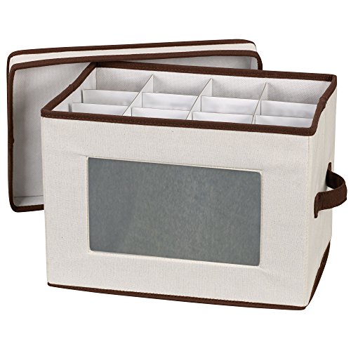 Household Essentials Natural 544 Stemware Storage Box with Lid and Handles | Champagne Glasses Canvas with Brown Trim