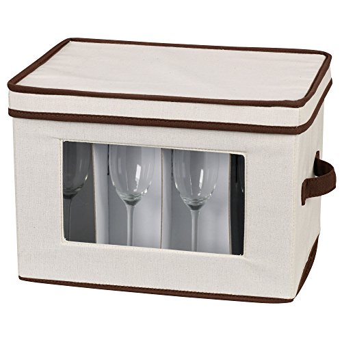 Household Essentials Natural 544 Stemware Storage Box with Lid and Handles | Champagne Glasses Canvas with Brown Trim