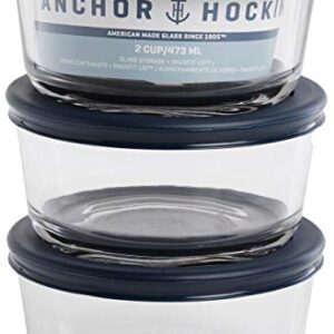 Anchor Hocking Round Glass Food Storage Containers with Blue SnugFit Lids, (BPA free, glass tempered tough for oven, microwave, fridge, and freezer), Clear Glass, Blue Lids, 2 Cup (Set of 3)