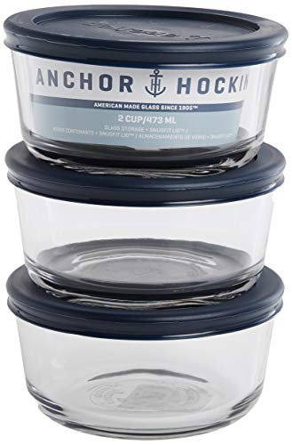 Anchor Hocking Round Glass Food Storage Containers with Blue SnugFit Lids, (BPA free, glass tempered tough for oven, microwave, fridge, and freezer), Clear Glass, Blue Lids, 2 Cup (Set of 3)