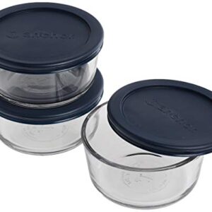 Anchor Hocking Round Glass Food Storage Containers with Blue SnugFit Lids, (BPA free, glass tempered tough for oven, microwave, fridge, and freezer), Clear Glass, Blue Lids, 2 Cup (Set of 3)