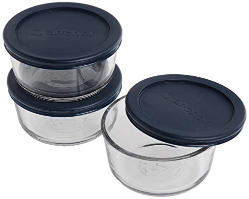 Anchor Hocking Round Glass Food Storage Containers with Blue SnugFit Lids, (BPA free, glass tempered tough for oven, microwave, fridge, and freezer), Clear Glass, Blue Lids, 2 Cup (Set of 3)