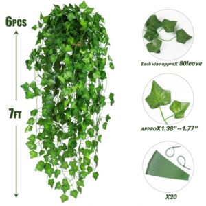 BLEUM CADE 6 Strands 42Ft Fake Vines for Bedroom with Fake Leaves, Hanging Artificial Greenery Garland Ivy Vines Fake Plants for St Patricks Day Christmas Wall Room Decor Aesthetic