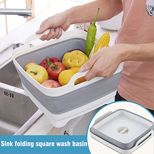 ddLUCK Dish Basin Collapsible with Drain Plug Carry Handles for 9L Large Capacity, Washing Basin, Collapsible Dish Tub for RV Sink, Vegetable, Fruit, Food Sink Strainer Dish Washing Tub - Gray